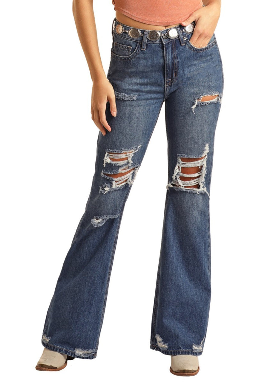 Women s Distressed Denim High Rise Flare Jeans Rock Roll Denim