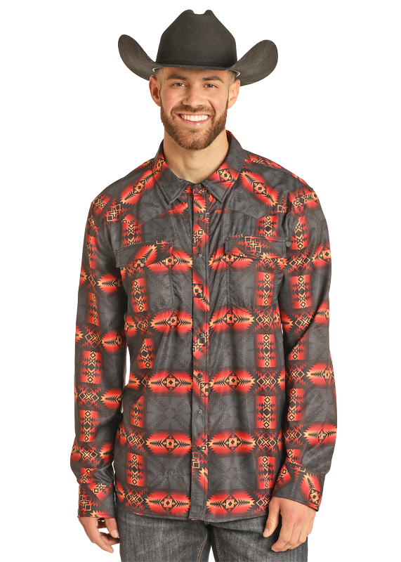 Men's TEK Western Red Aztec Long Sleeve Shirt | Rock & Roll Denim