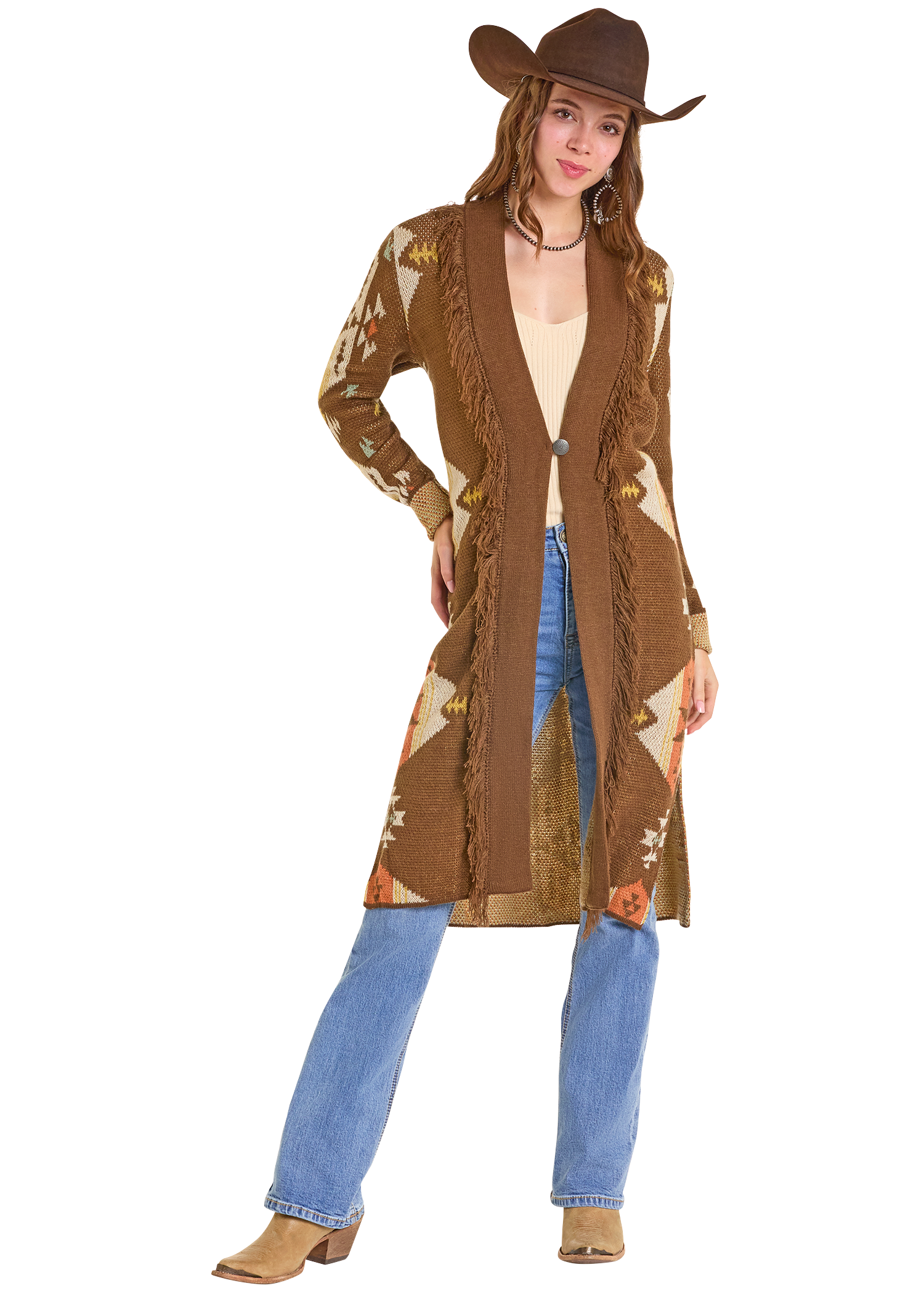Women's Brown Aztec Fringe Duster | Rock & Roll Denim